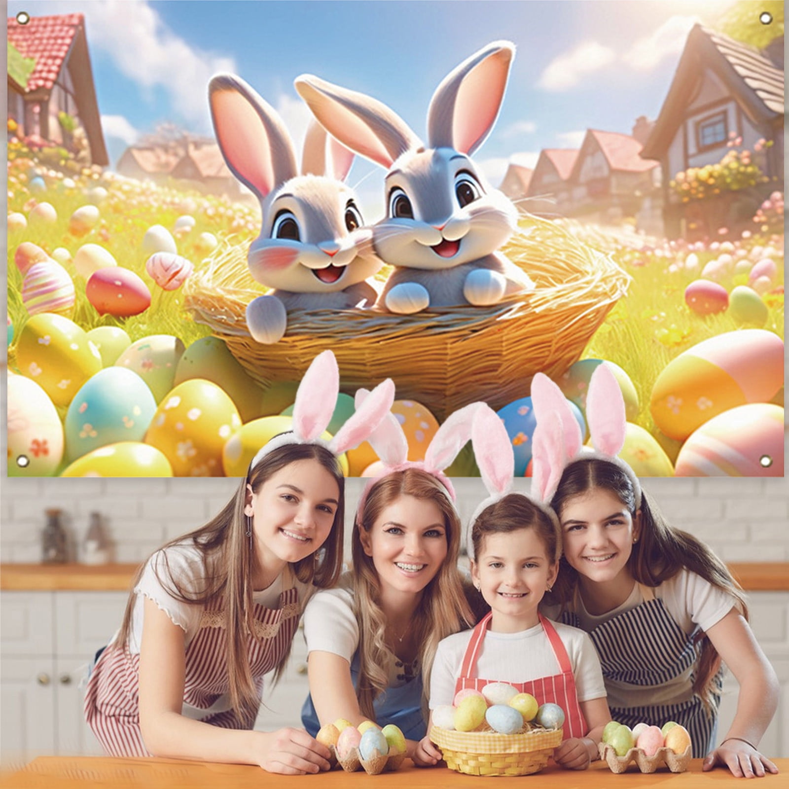 SDJMa 5.9x3.6ft Easter Bunny Backdrop for Photography, Cute Cartoon Rabbit Egg Background Easter ...