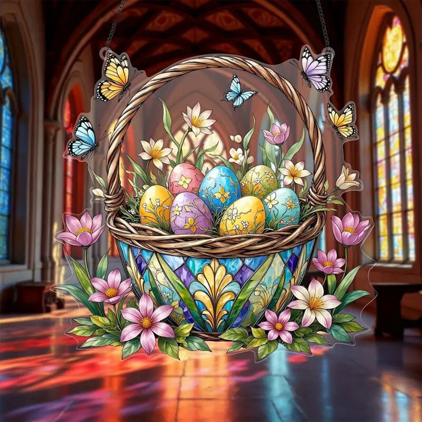 SDJMa 7.7" Easter Egg Spring Floral Butterfly Basket Acrylic Stained ...