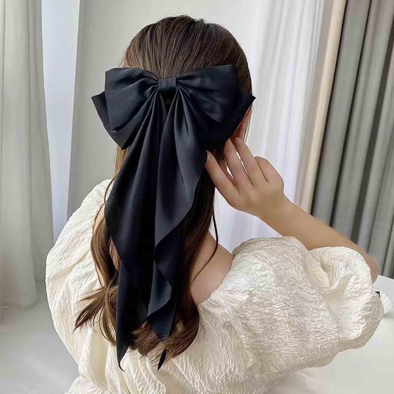 SDJMa Black Hair Bows Clips for Women - Big Bows for Girls Hair Satin ...