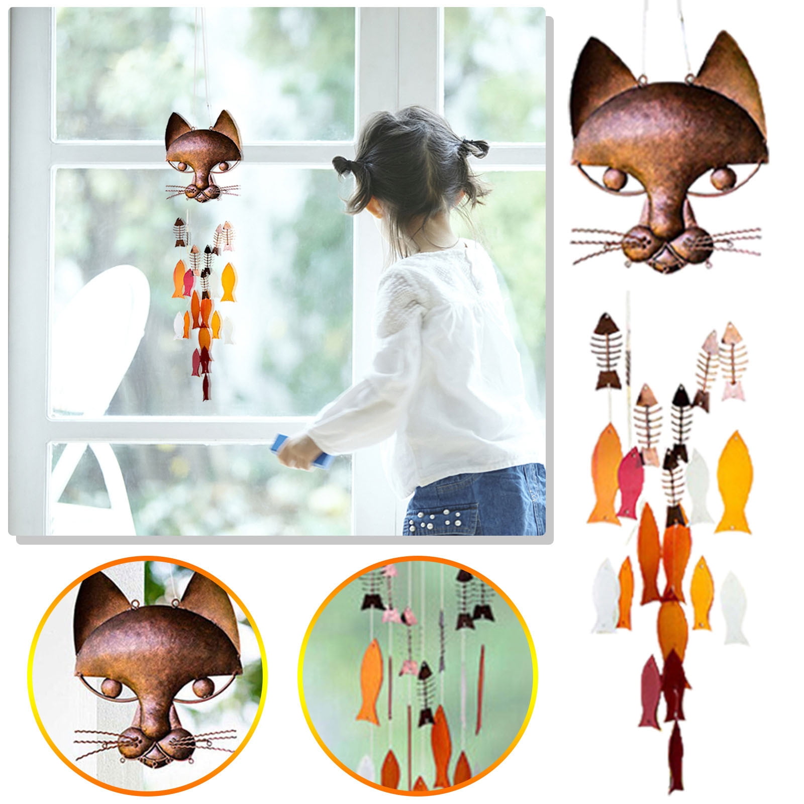 SDJMa Cat Face Fish Bone Wind Chimes with Fish-shaped Sun Catcher ...