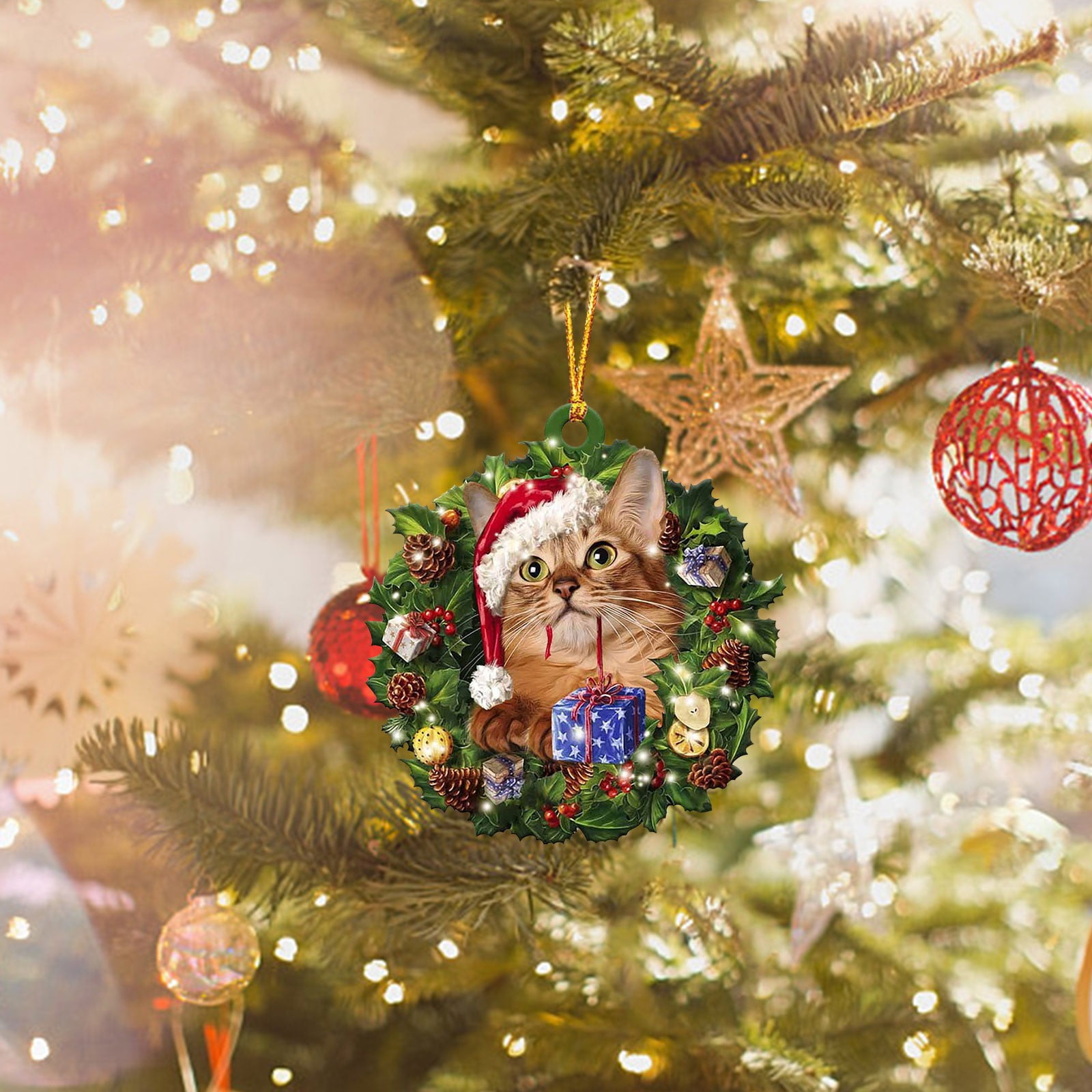 SDJMa Christmas Cat Ornament, Funny Santa Hat Cat with Wreath, Hanging ...