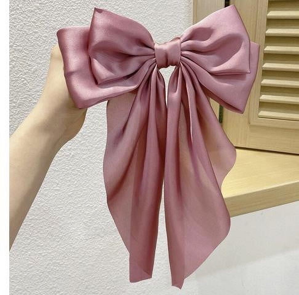 Sdjma Dark Green Oversized Bow Clips For Women Pink Satin Silky Hair