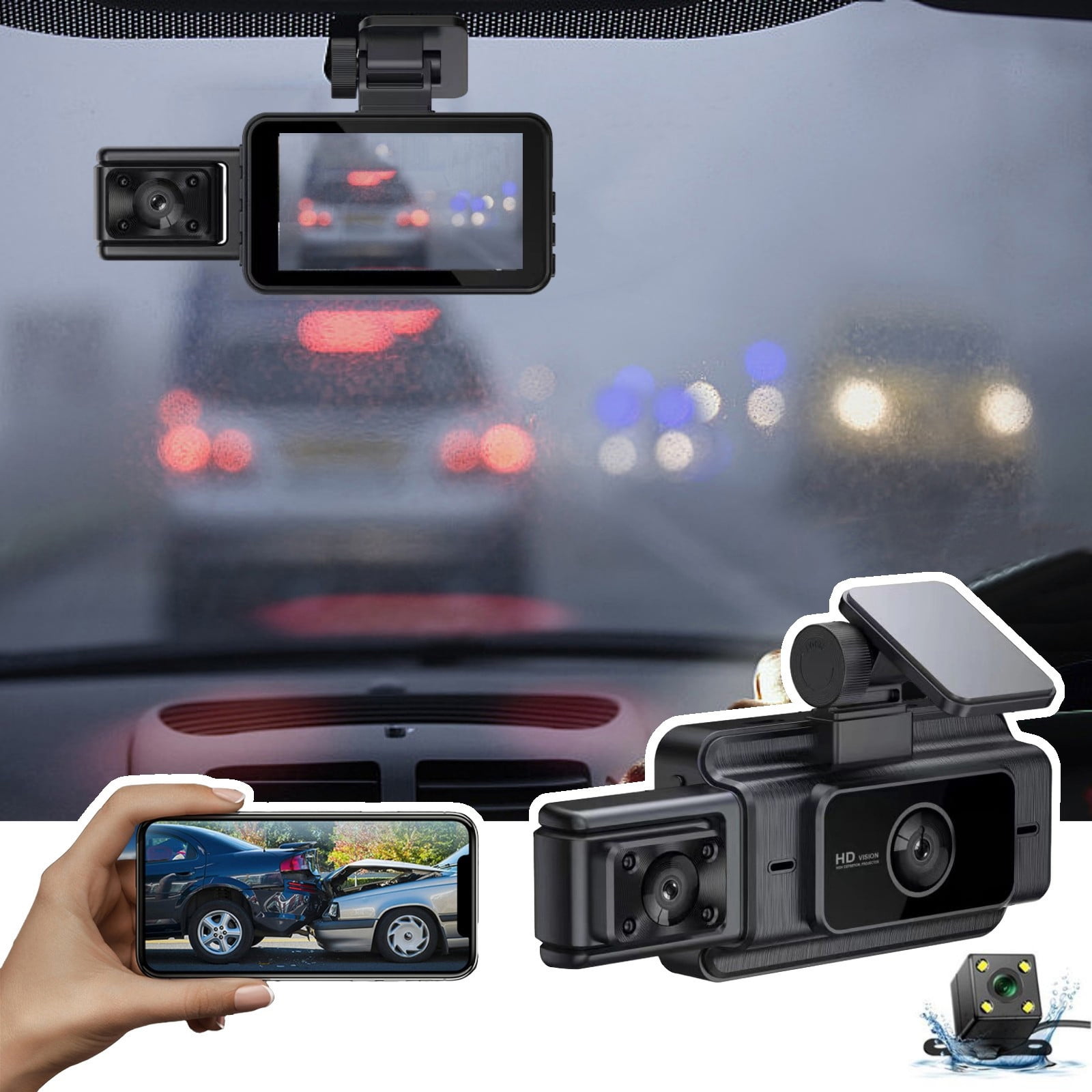 SDJMa Dash Cam, Front Inside Rear Dashcam for Cars, 1080P Full HD Dash ...