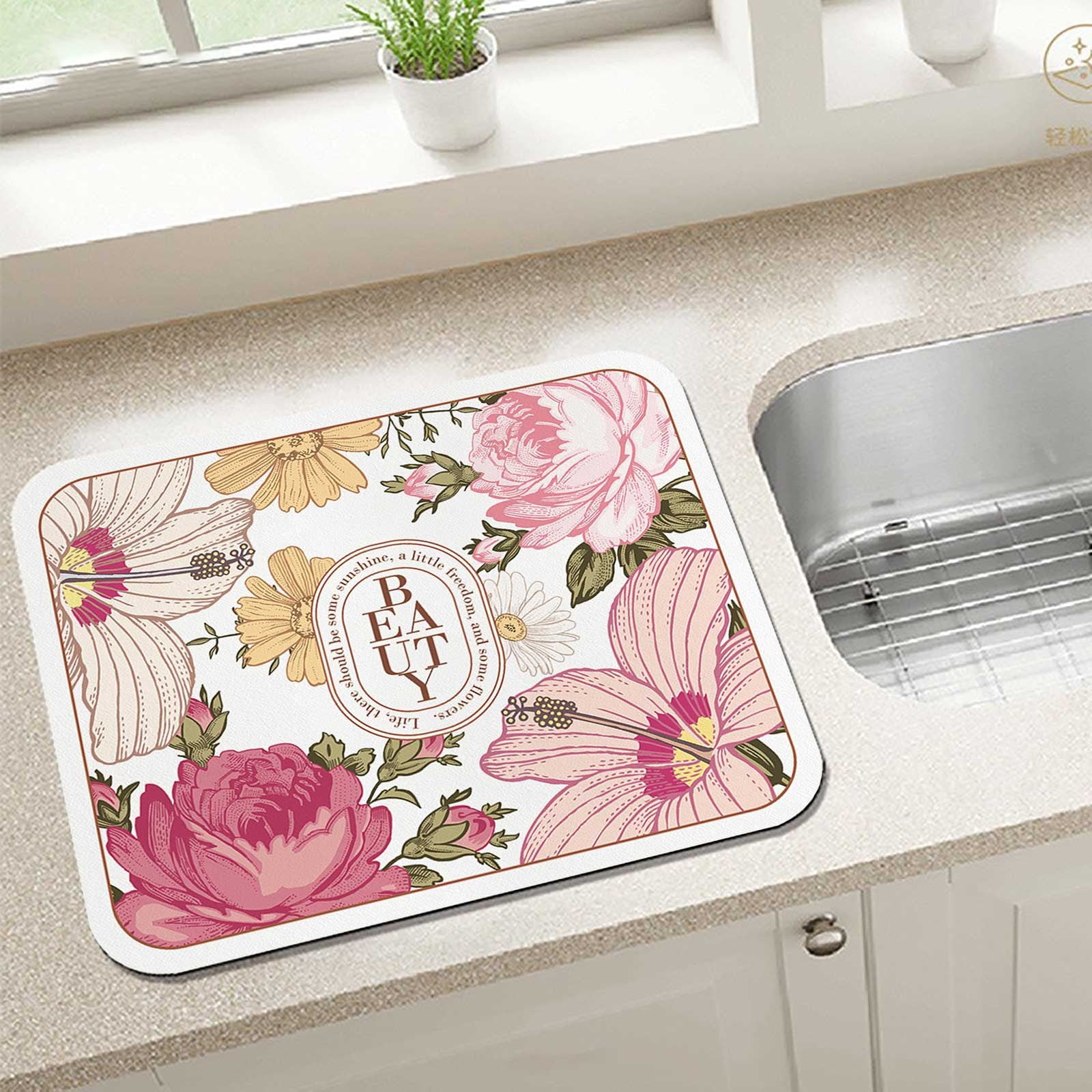 SDJMa Dish Drying Mats 12x16, Watercolor Flowers Roses Petals Dots ...