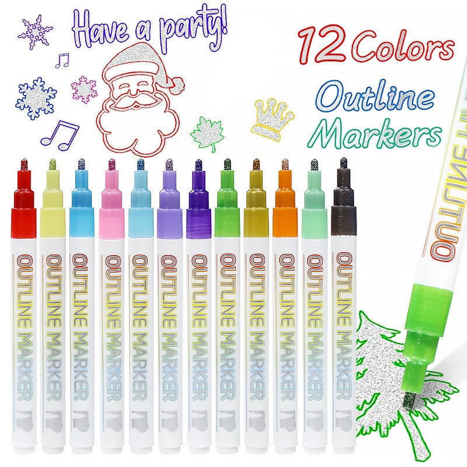 SDJMa Double Line Outline Pens, 12 Colors Self-Outline Metallic Markers ...