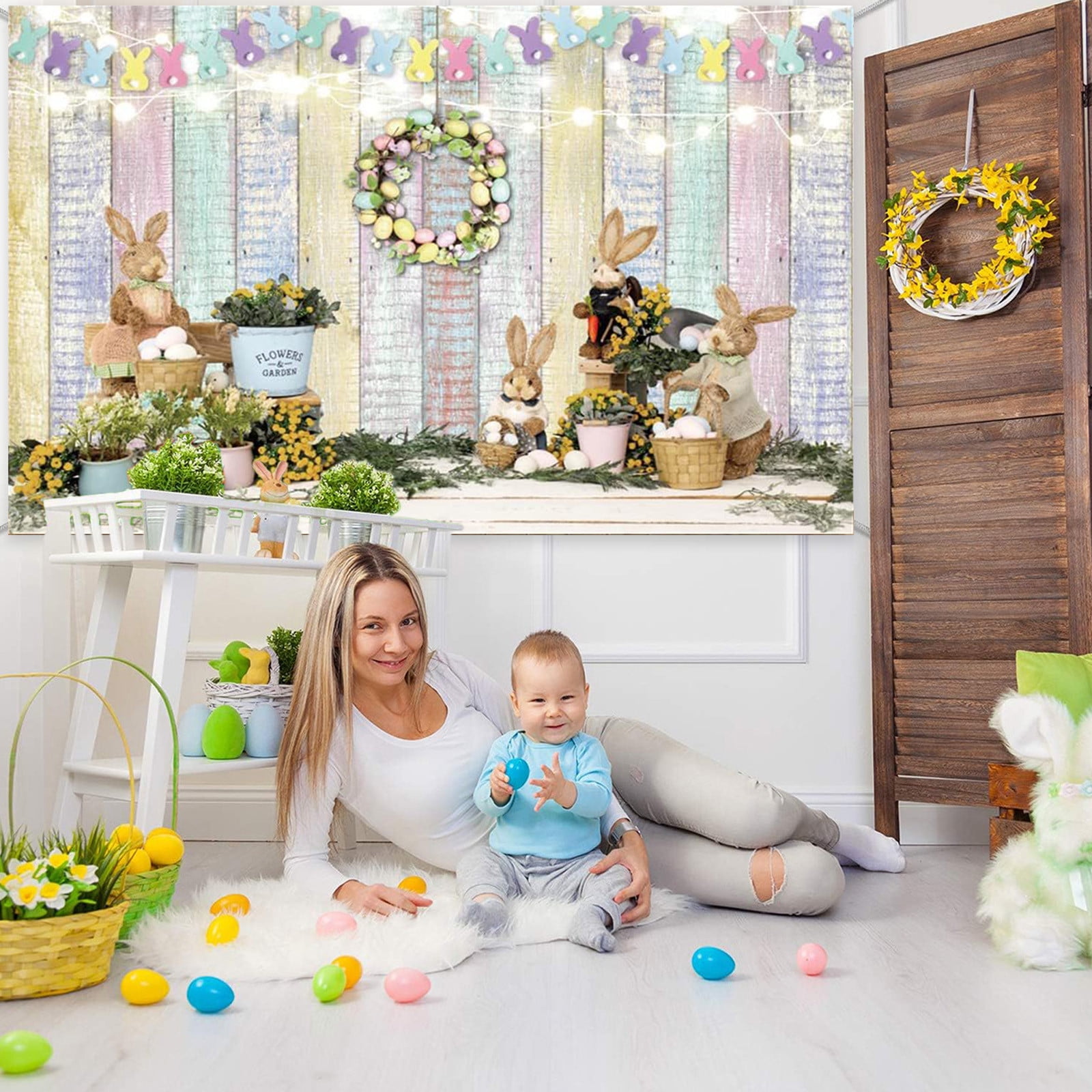 SDJMa Easter Backdrop, Rustic Wooden Wall Bunny Rabbit Egg Banner for ...