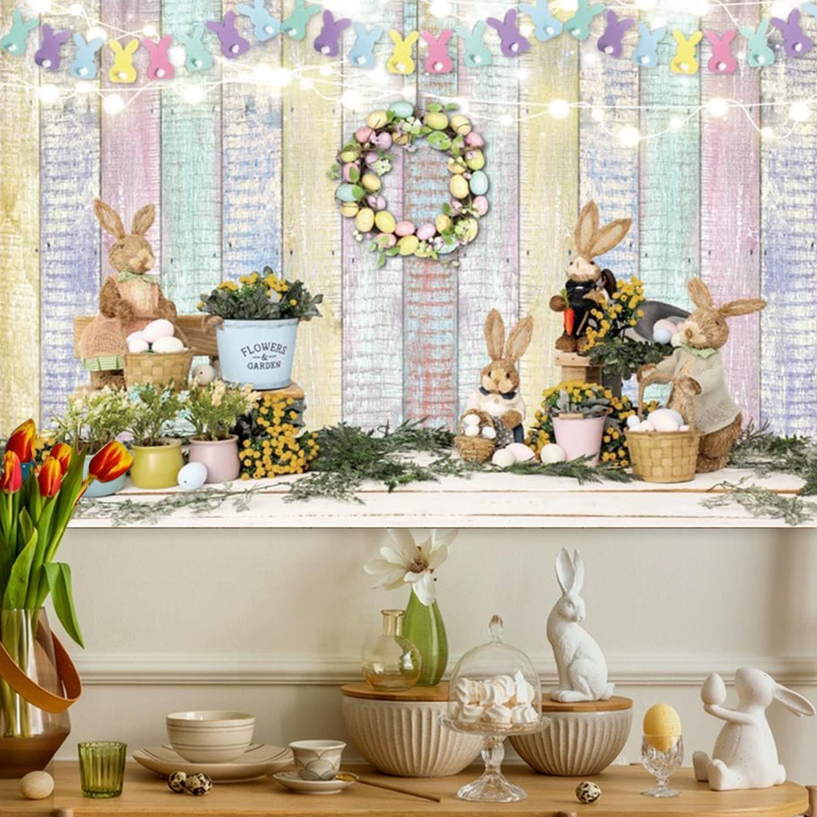SDJMa Easter Backdrop, Rustic Wooden Wall Bunny Rabbit Egg Banner for ...