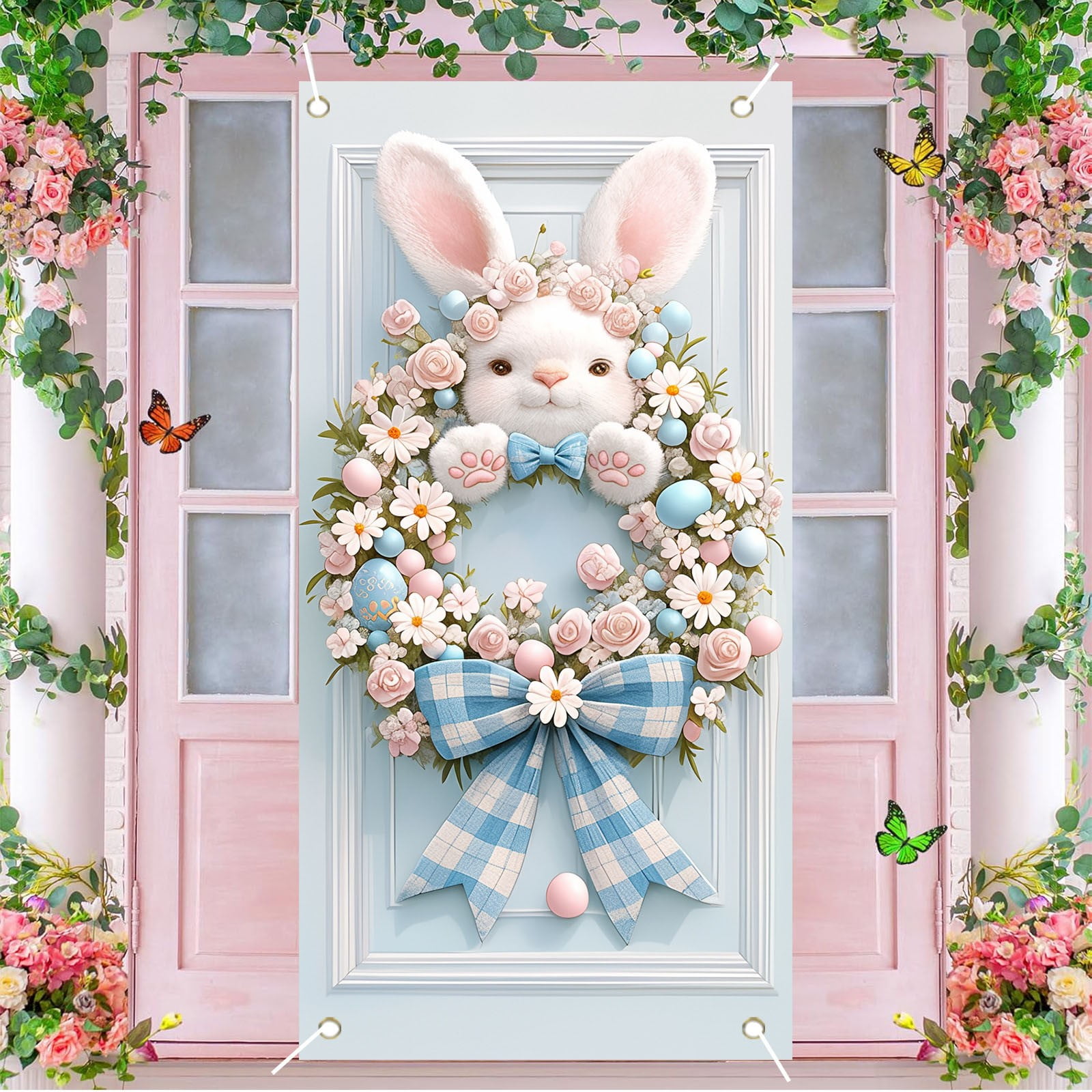 SDJMa Easter Bunny Door Cover, Rabbit Egg Bow Daisy Flower Wreath Door ...