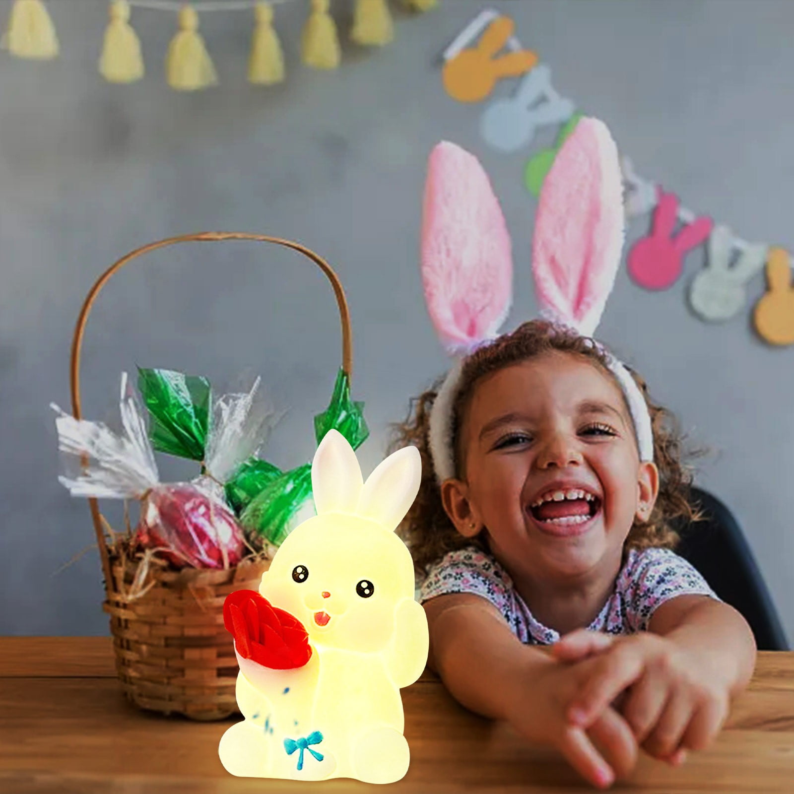 SDJMa Cute Bunny Night Light for Kids, Rabbit Holding Rose Soft ...