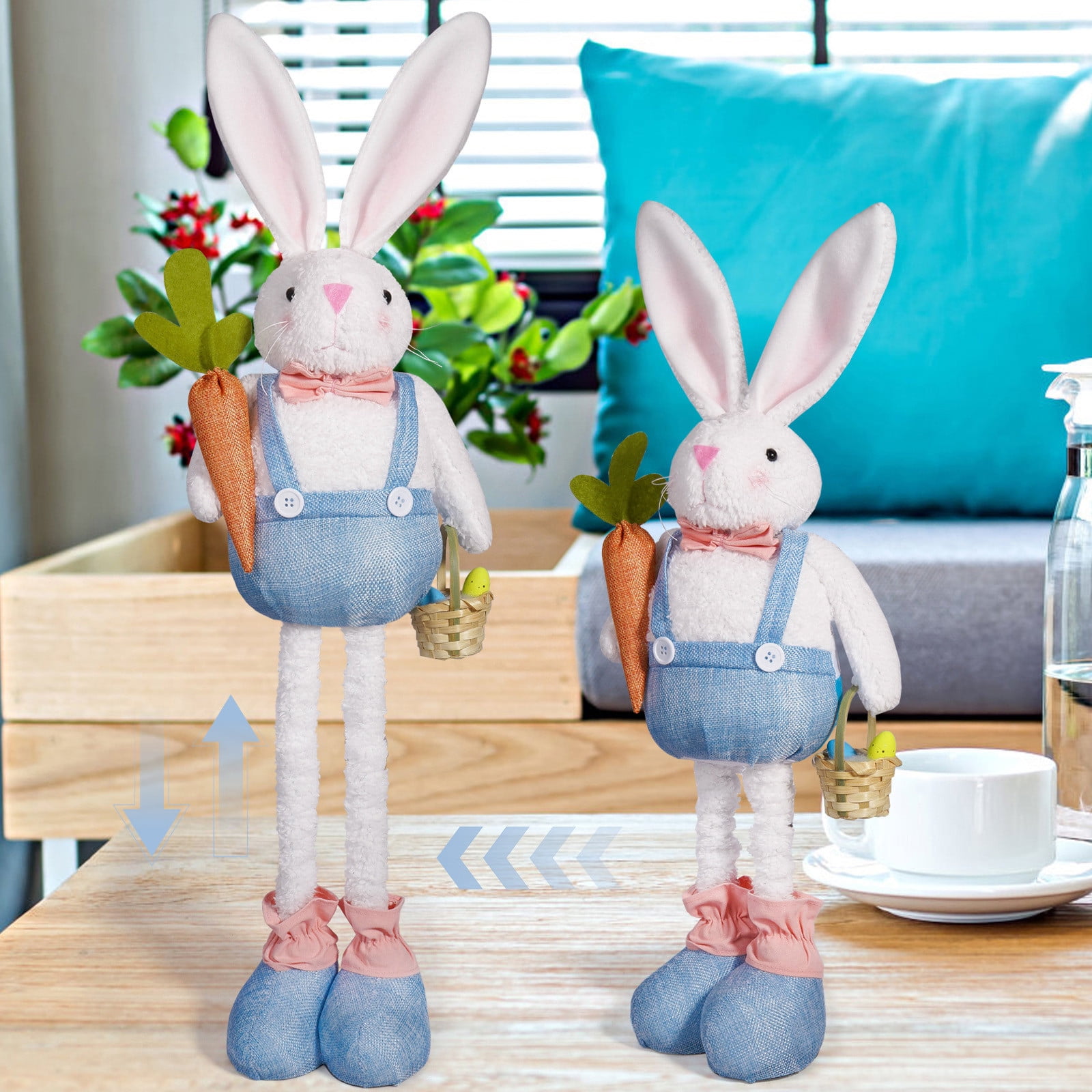 SDJMa Easter Standing Bunny with Stretchable Legs, Up to 21" Plush Rabbit Figurine with Carrot ...