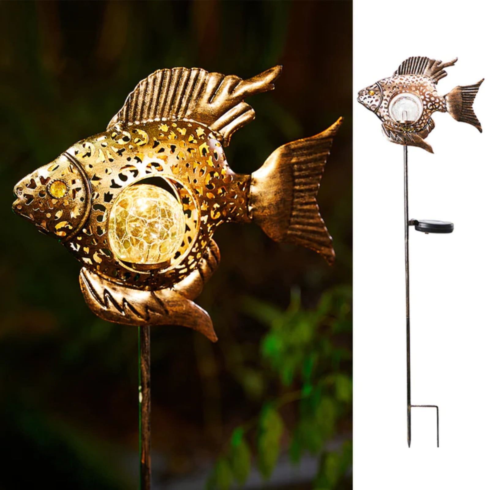 SDJMa Garden Solar Lights Metal Fish Crackle Glass Globe Stake Lights ...