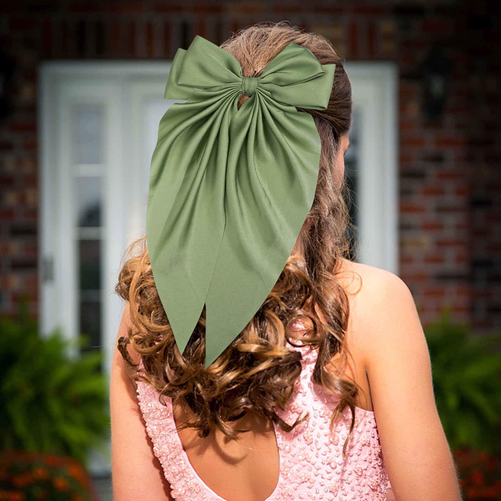Sdjma Green Oversized Bow Clips For Women Pink Satin Silky Hair Ribbon