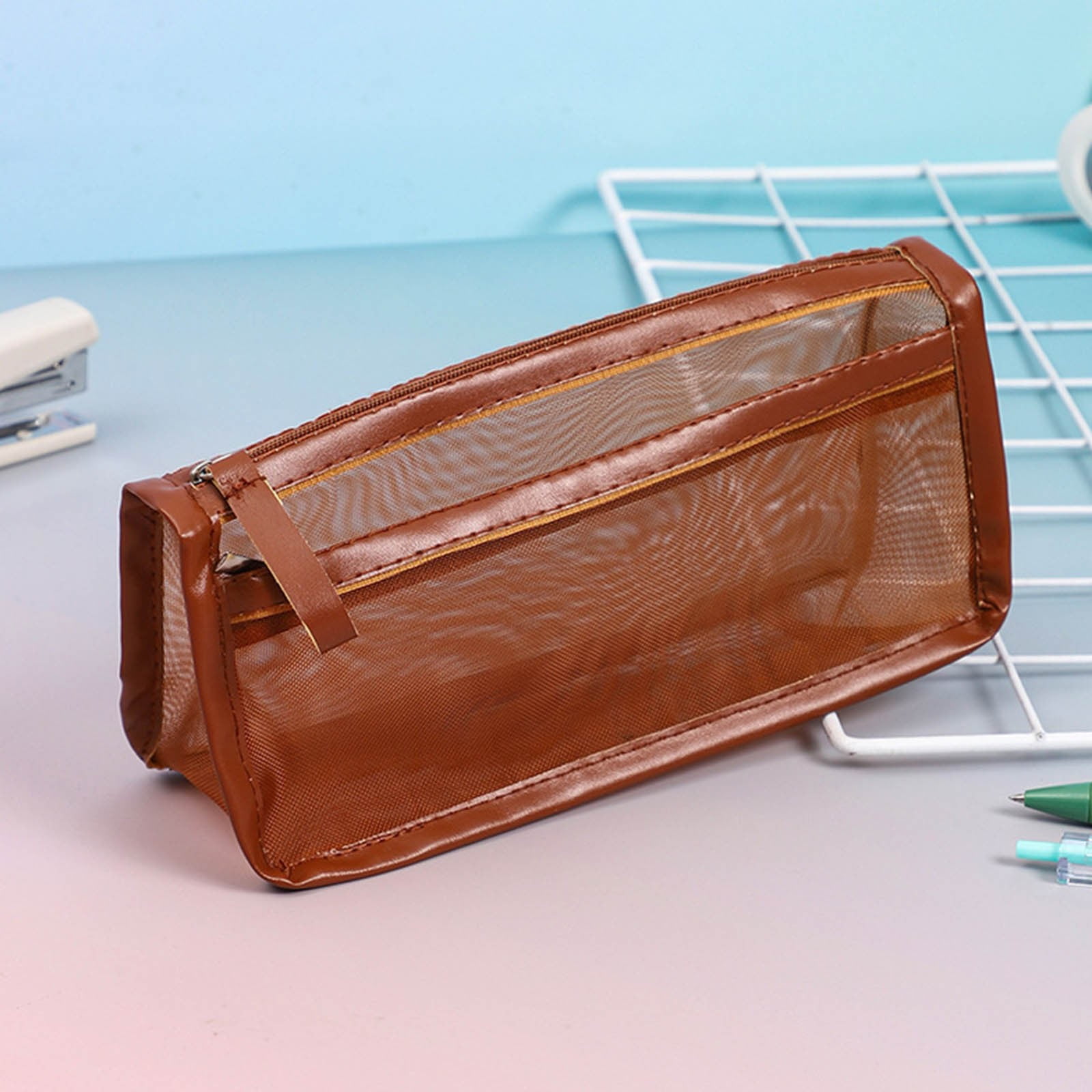 SDJMa Grid Mesh Pencil Case with Handle and Zipper, Clear Double-layer ...