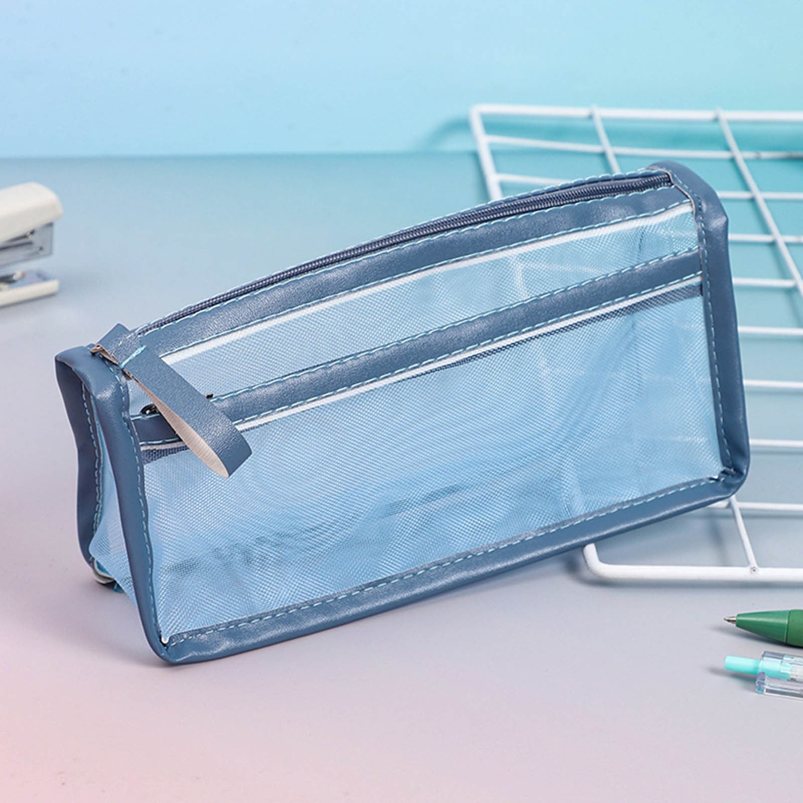 SDJMa Grid Mesh Pencil Case with Handle and Zipper, Clear Double-layer ...