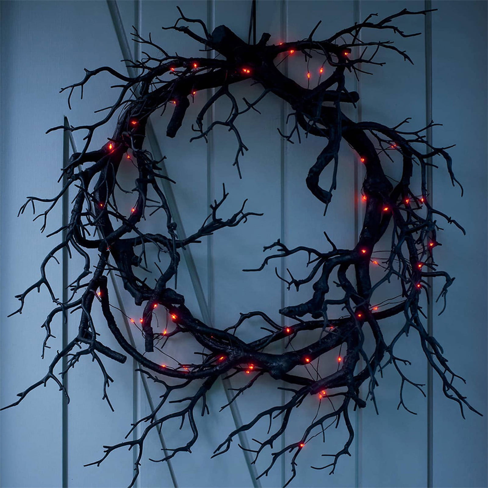 SDJMa Halloween Artificial Wreath for Front Door, 17" Faux Black Twig ...