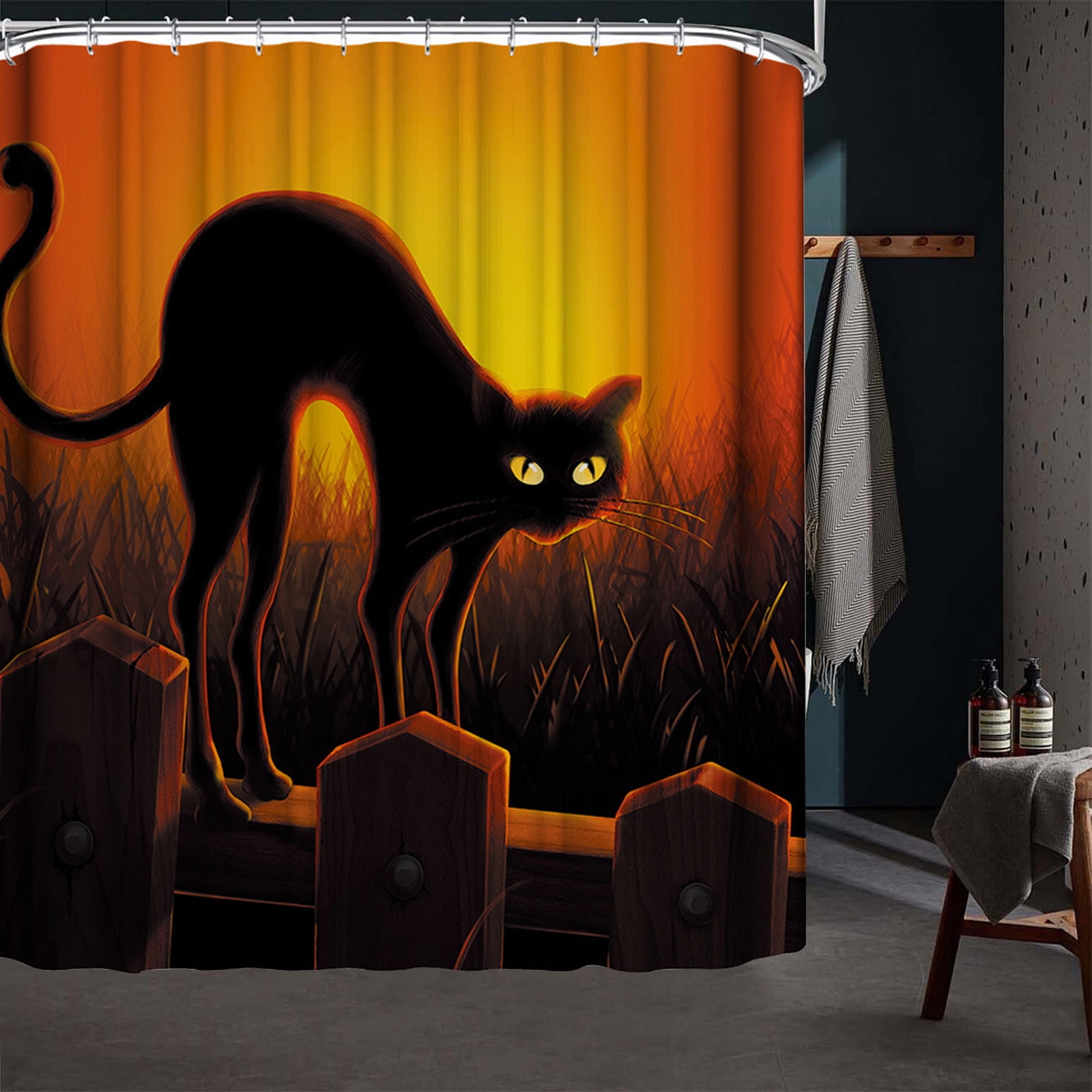 Sdjma Halloween Black Cat Shower Curtain Trick Or Treat Pumpkin Boo Bat