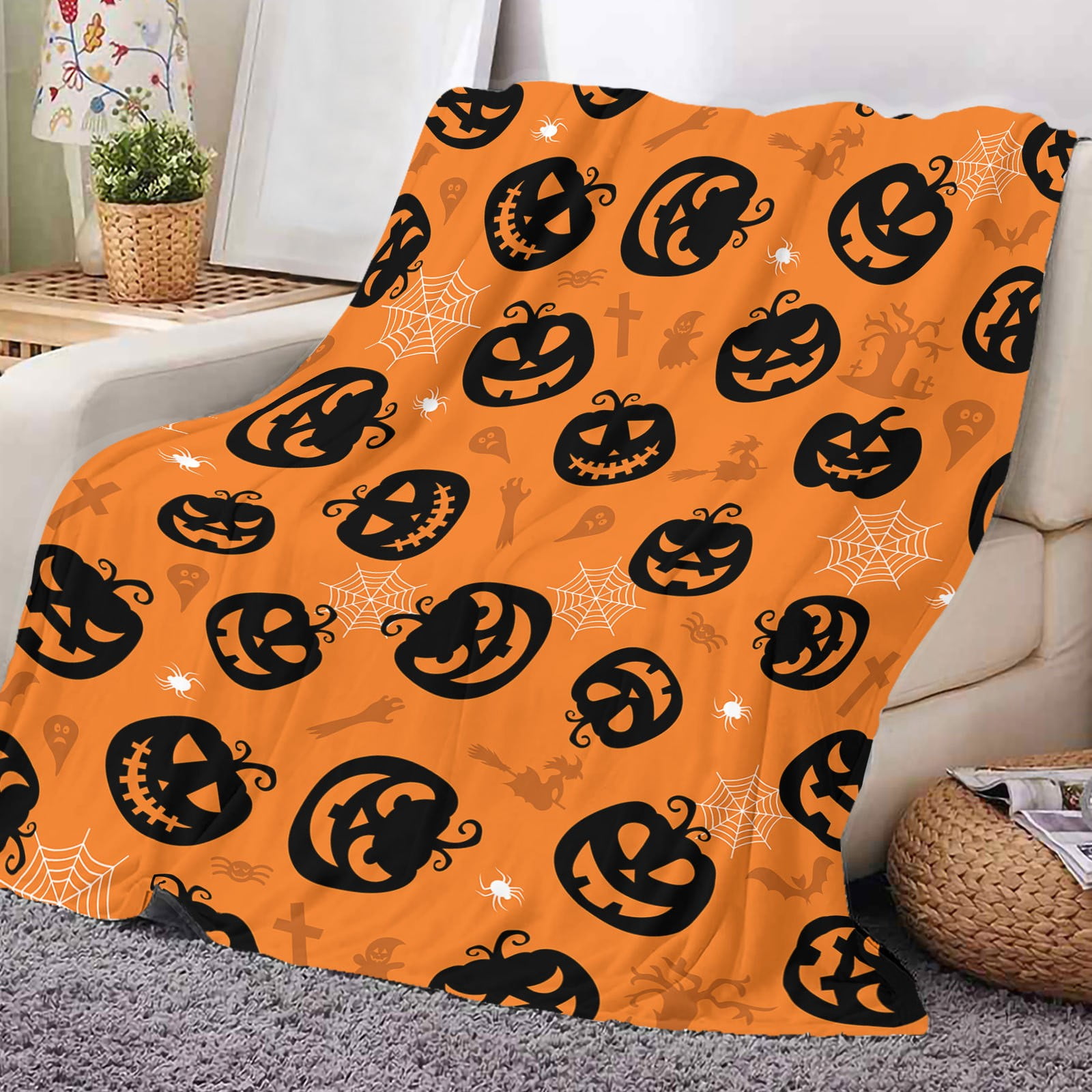 SDJMa Halloween Blanket,Orange Halloween Pumpkin Face Blanket,Halloween ...