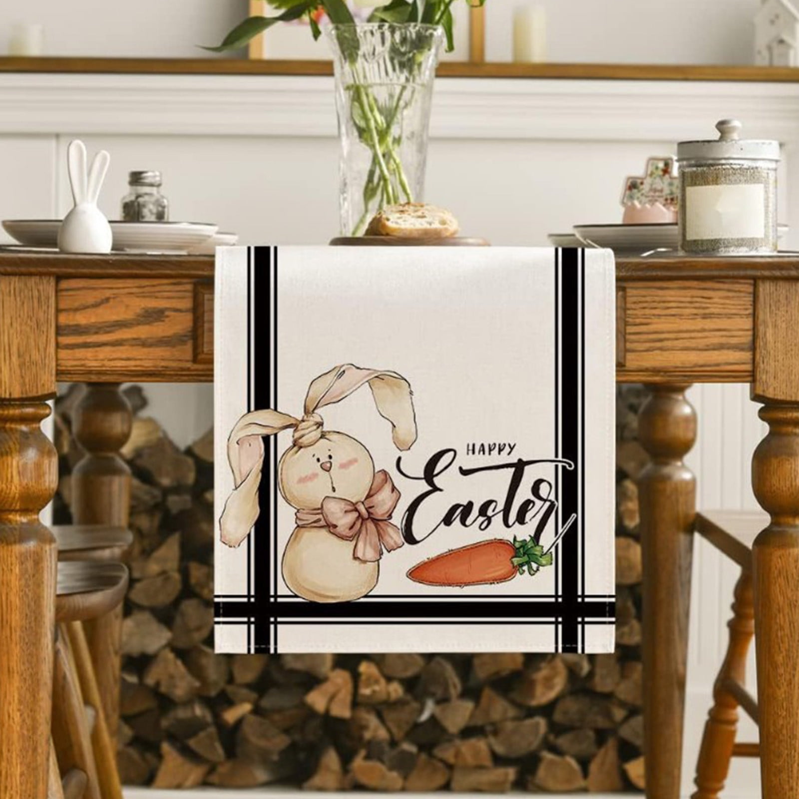 SDJMa Happy Easter Bunny Rabbit Table Runner,Black Buffalo Plaid Check ...