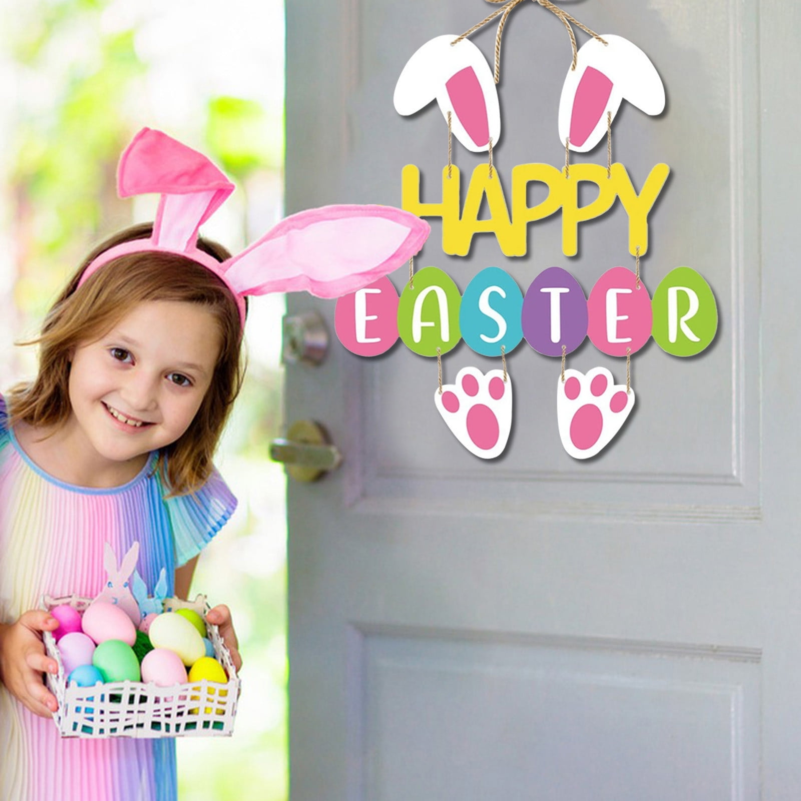SDJMa Happy Easter Door Sign, Cute Easter Eggs Bunny Paper Banner Door ...