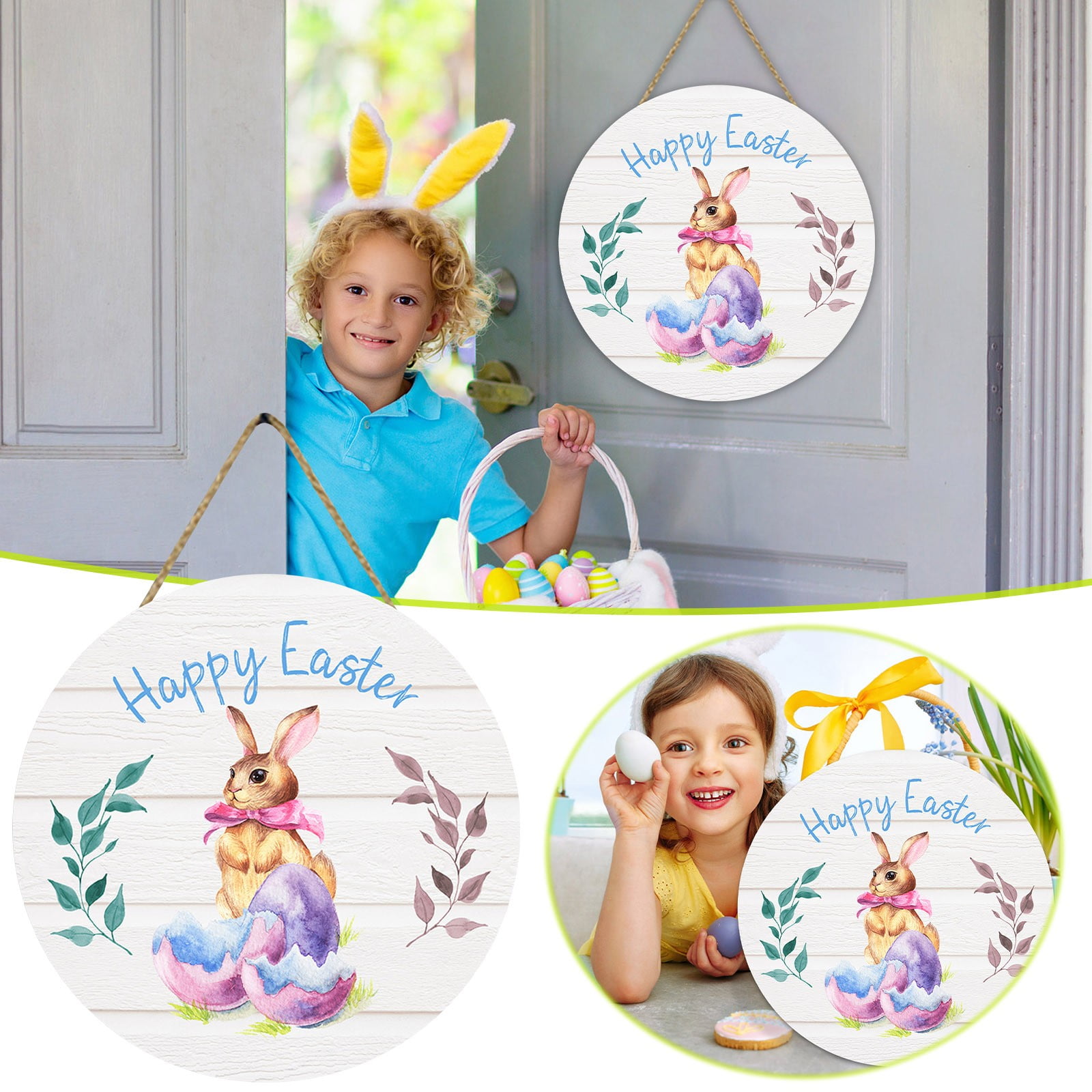 SDJMa Happy Easter Door Sign, Wooden Easter Bunny Rabbit Welcome Sign ...