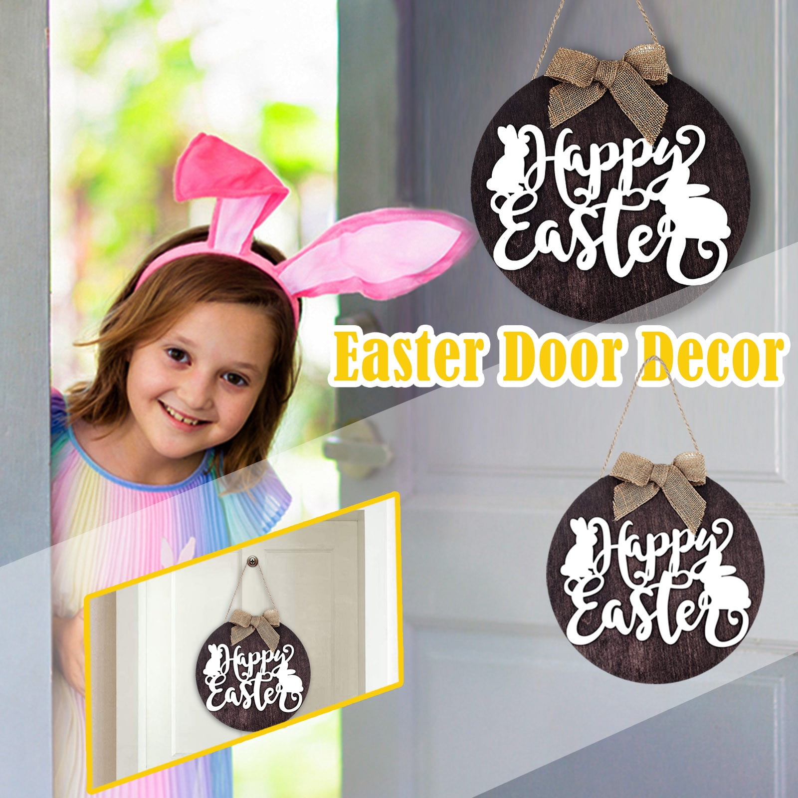 SDJMa Happy Easter Wooden Sign Easter Hanging Door Sign with Linen Bow ...