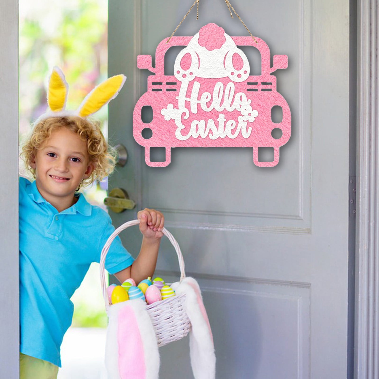 SDJMa Hello Easter Bunny Door Sign, 12.6" Paper Rabbit Truck Door ...