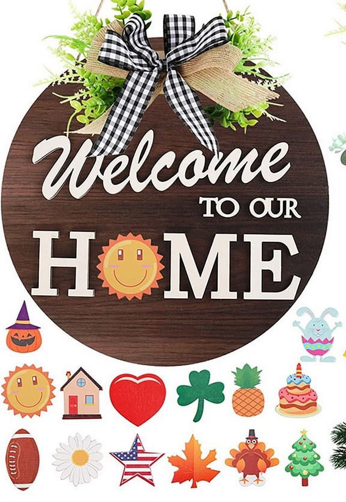 SDJMa Seasonal Welcome Sign for Front Door, 12" Rustic Round Wood ...