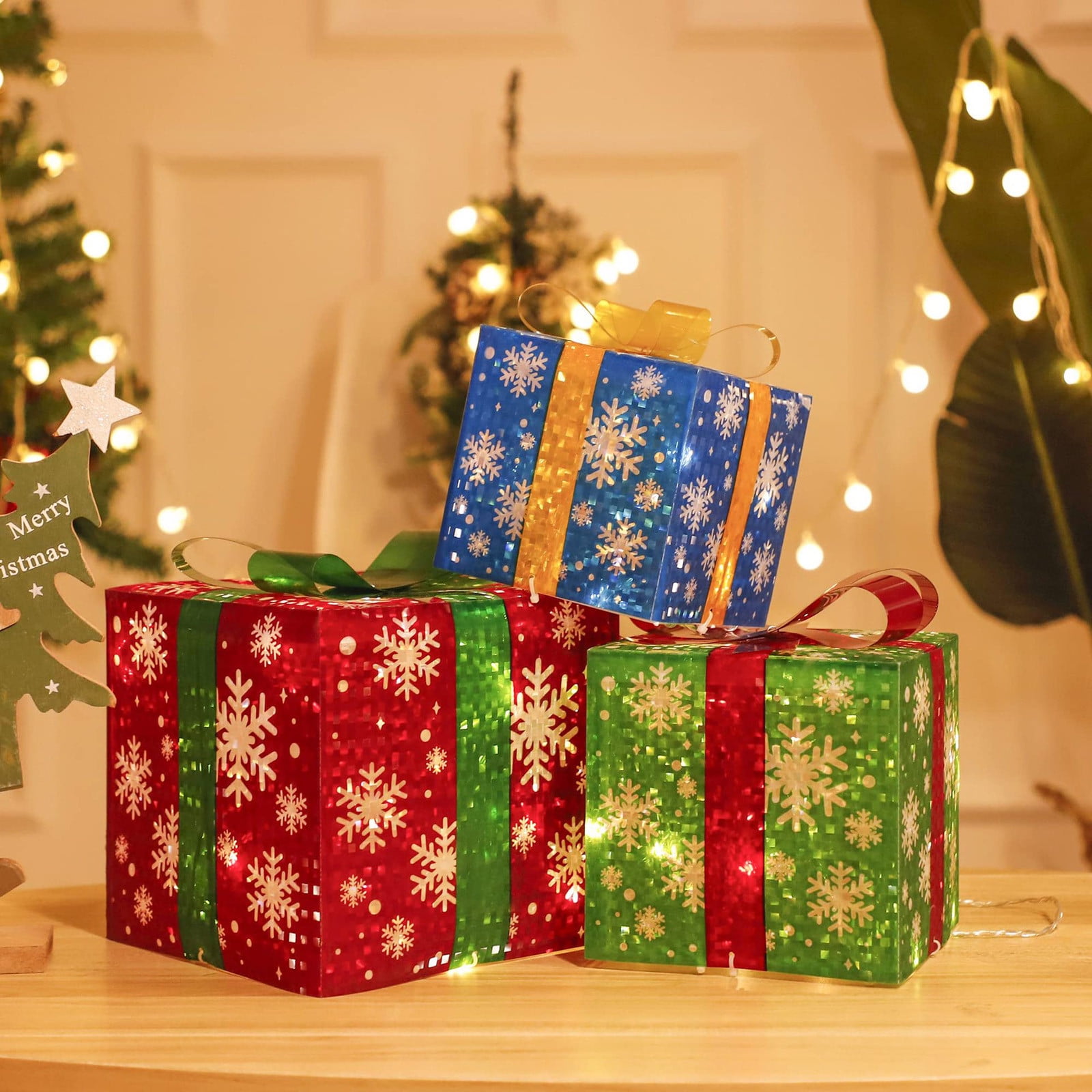 SDJMa Set of 3 Christmas Lighted Gift Boxes Decorations,Tinsel Present ...