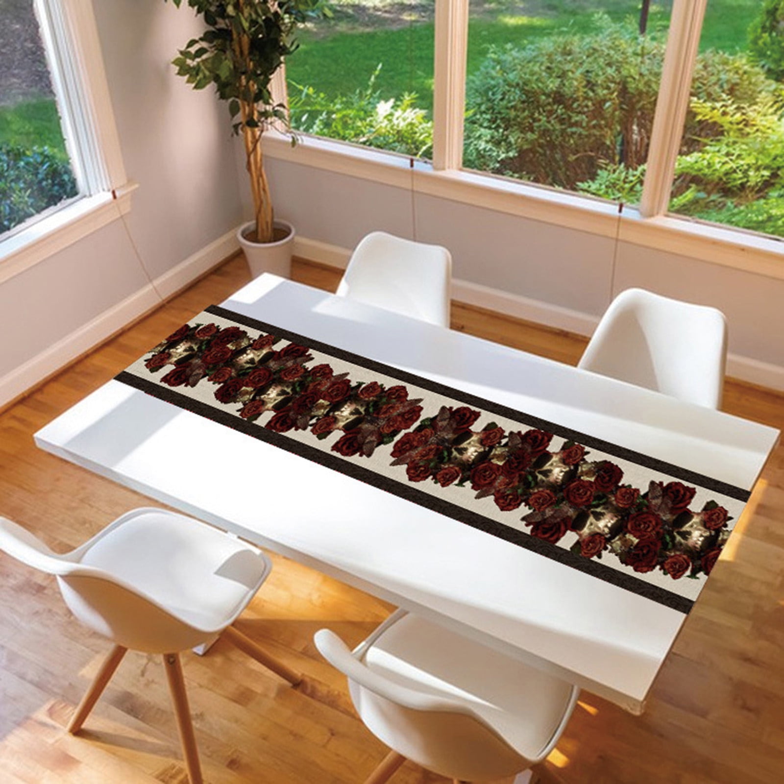 SDJMa Vintage Table Runner, Romantic Red Rose Blooms with Sketches ...