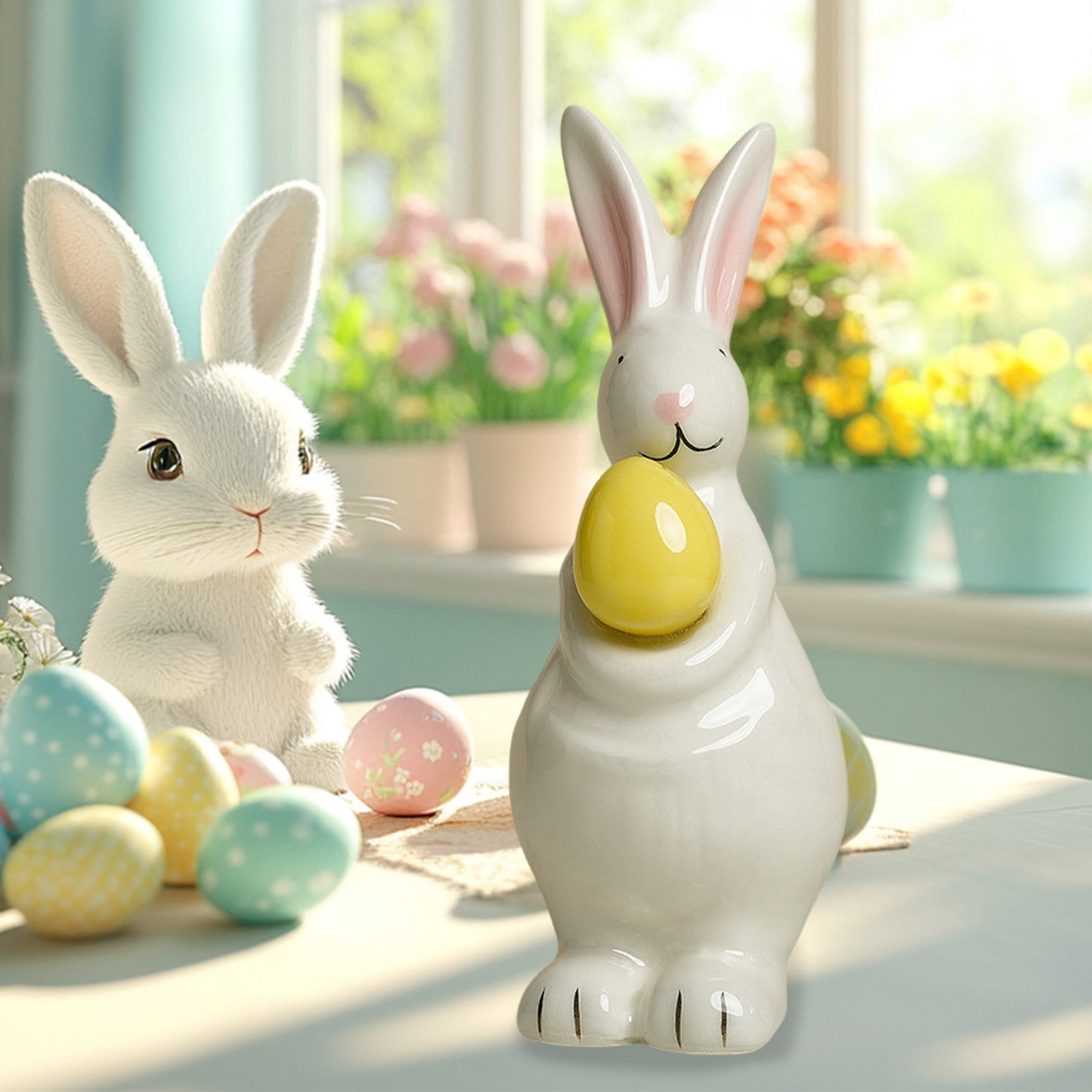 SDJMa White Ceramic Easter Bunny Figurine Decoration, Rustic Rabbit ...