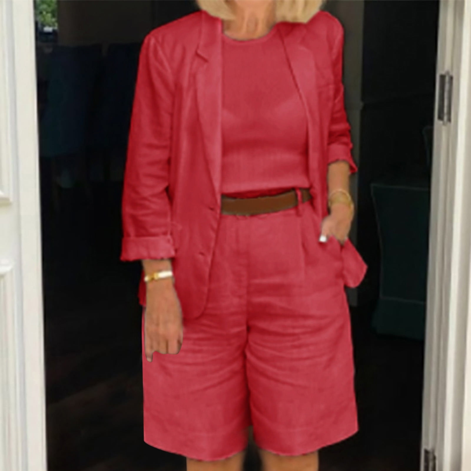 SDJMa Women Linen Sets 2 Piece Summer Outfits Rolled Sleeve Shirt Beach Linen Shirt Elastic ...