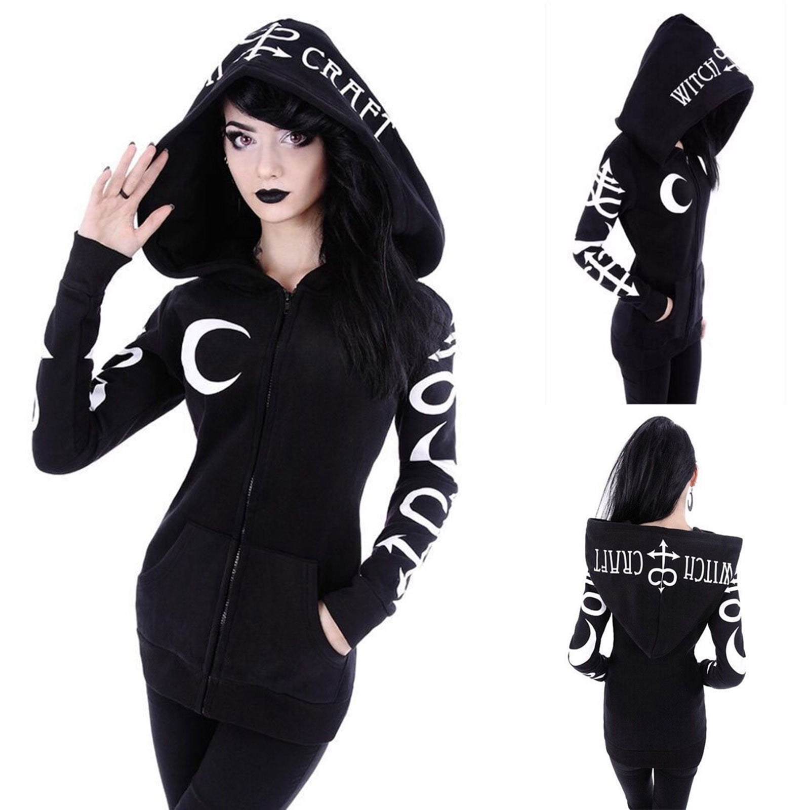 SDJMa Women Plus-Size Loose Gothic Punk Long Sleeve Hooded Black ...