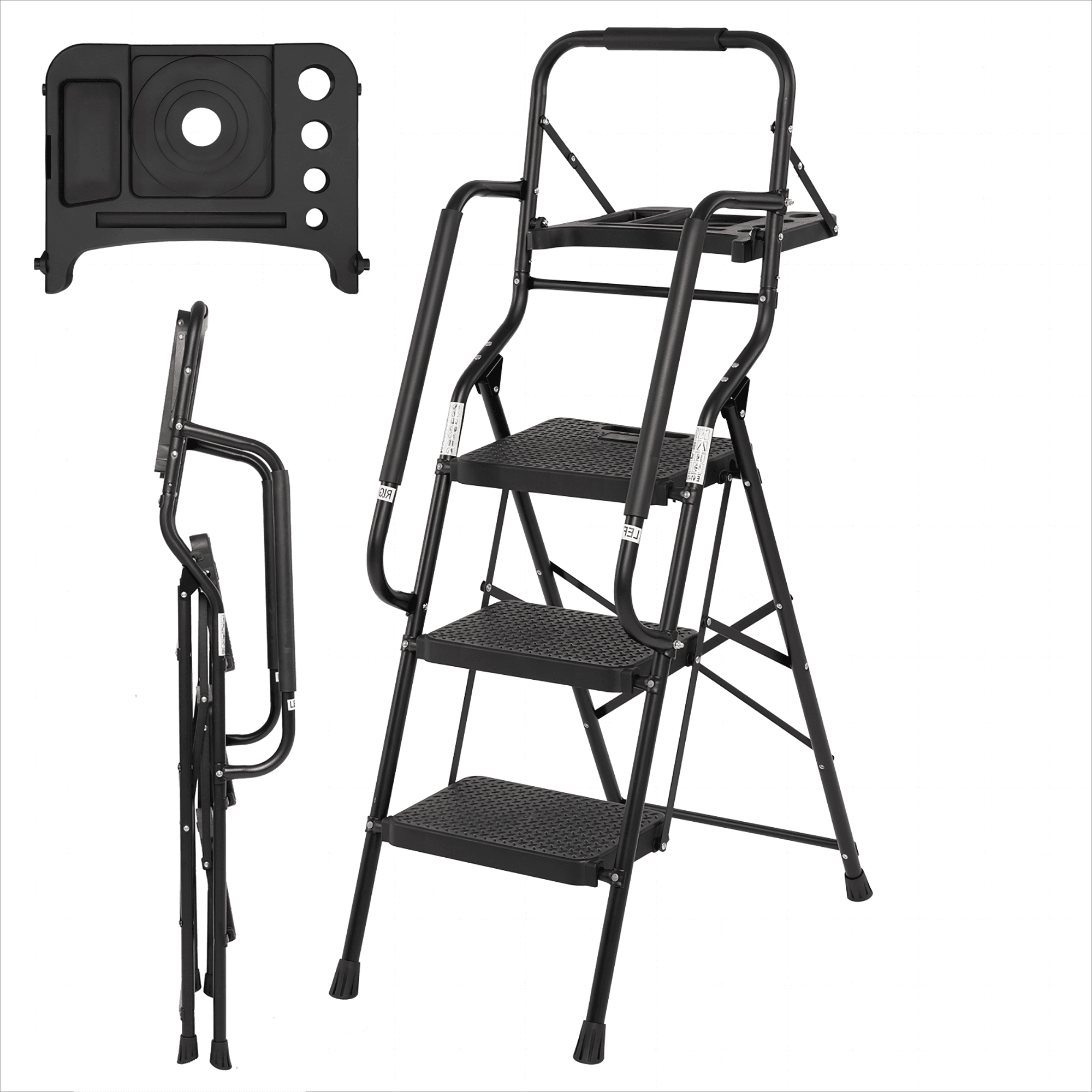 SDJPOI 3 Step Ladder with Handrails, 330 lb Capacity Folding Step Stool ...