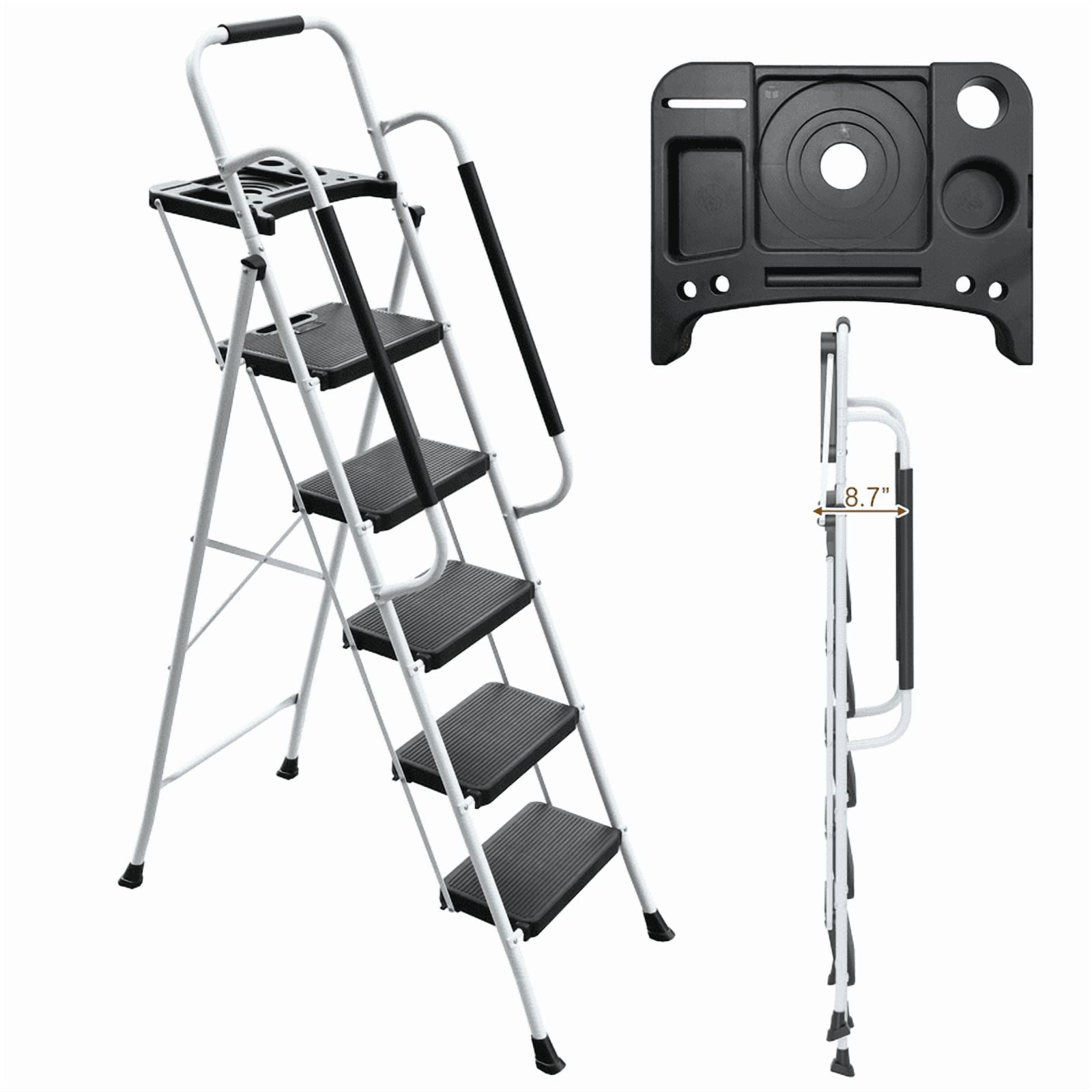 SDJPOI 5 Step Ladder with Handrails Folding Step Stool with Tool Tray ...