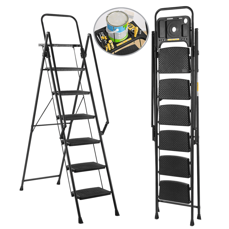 SDJPOI 6 Step Ladder with Handrails Folding Step Stool with Tool Tray ...