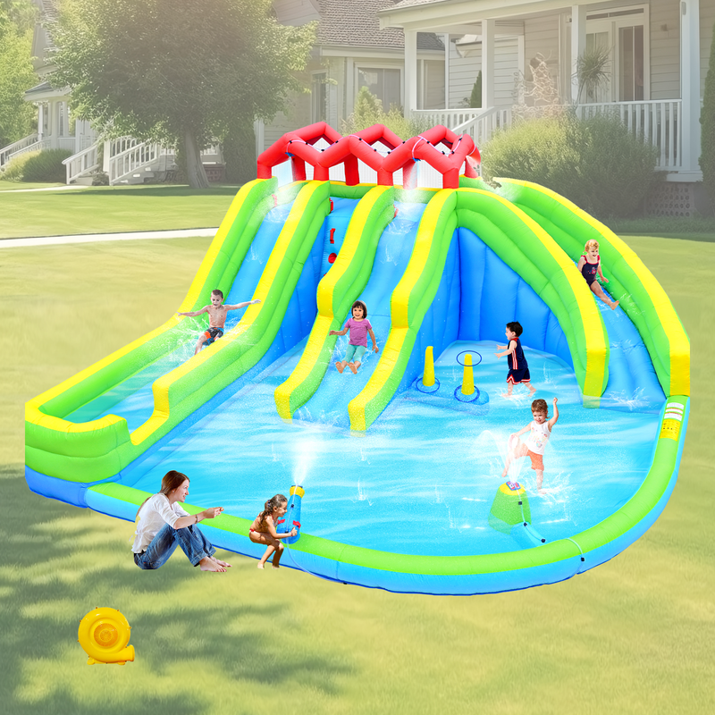 SDJPOI 7-in-1 Inflatable Water Park with 3 Slides, Splash Pool, Water ...