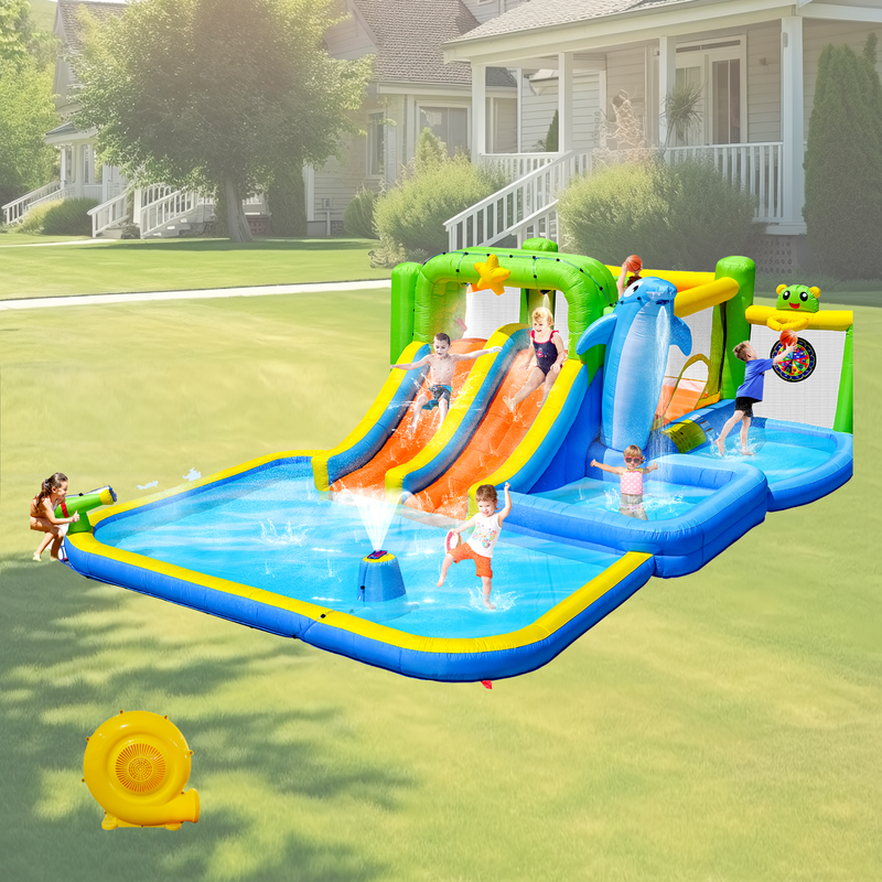 SDJPOI 9 in 1 Bounce House，Inflatable Water Park Double Slide with ...