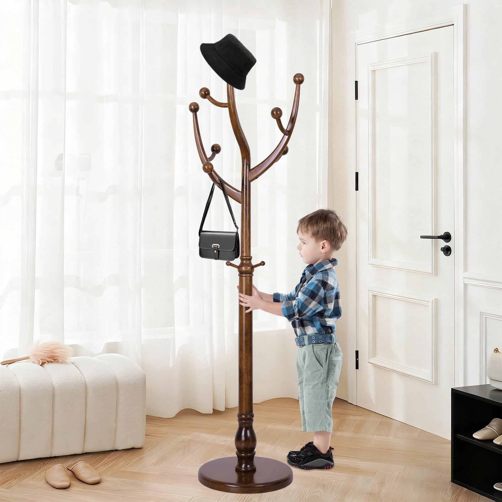 SDJPOI Freestanding Wooden Coat Rack with 11 Hooks, Solid Wood Coat ...