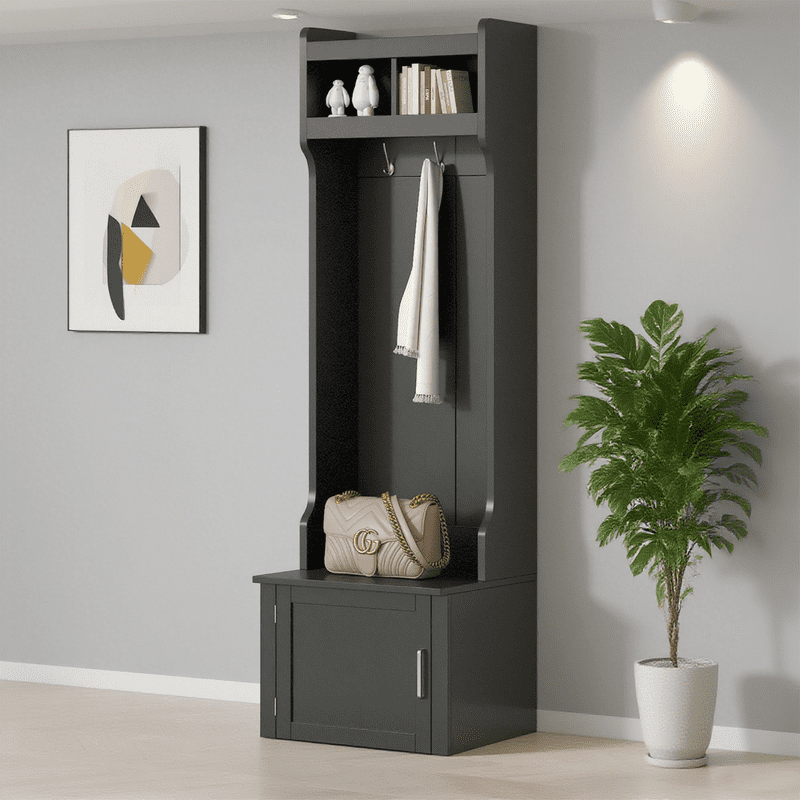 SDJPOI Minimalist Slim Hall Tree with Cabinet & 6 Hanging Hooks – Multi ...