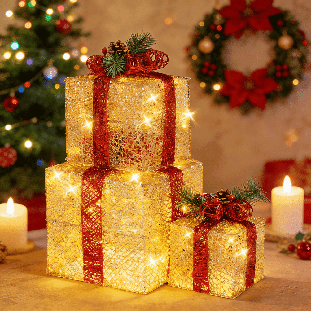 SDJPOI Set of 3 Christmas Lighted Gift Boxes with Plug, Pre-lit 60LED ...