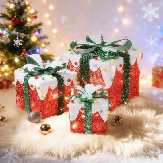 SDJPOI Set of 3 Christmas Lighted Gift Boxes, Pre-lit LED Outdoor ...