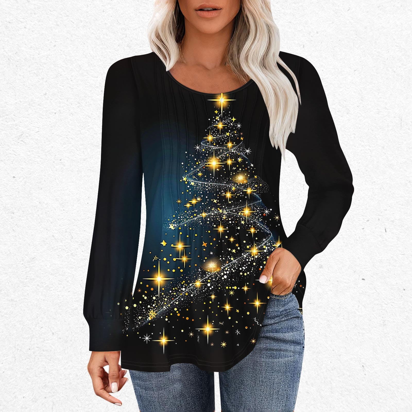 SDNall Christmas Blouse for Women Christmas Tree Casual Loose Pleated ...