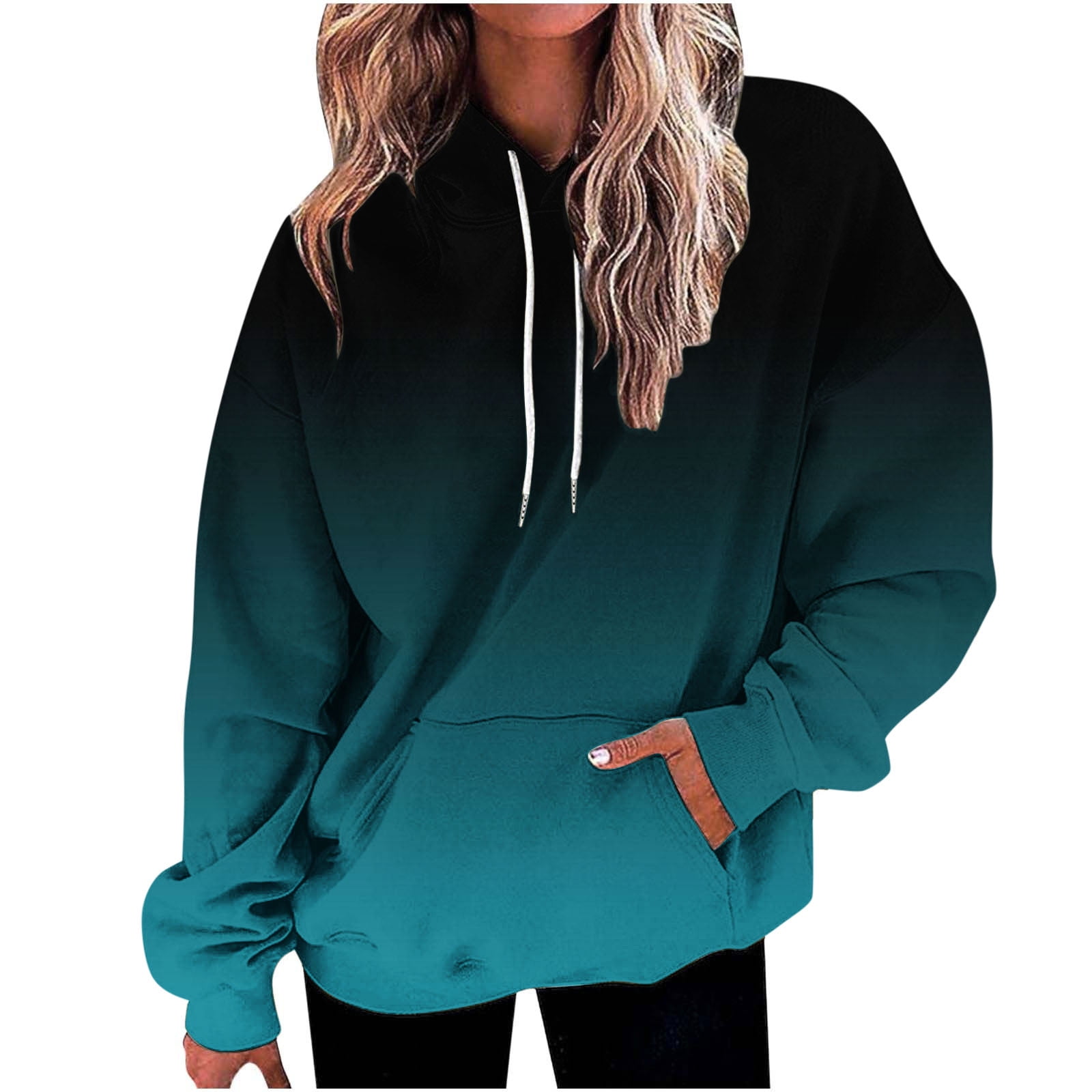 SDNall Hoodies for Women Pullover Winter Gradient Printed Hoodies Plush ...