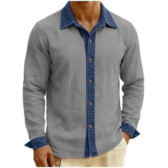 SDNall Men's Long Sleeve Casual Shirt, Lapel Collar Patchwork Button ...