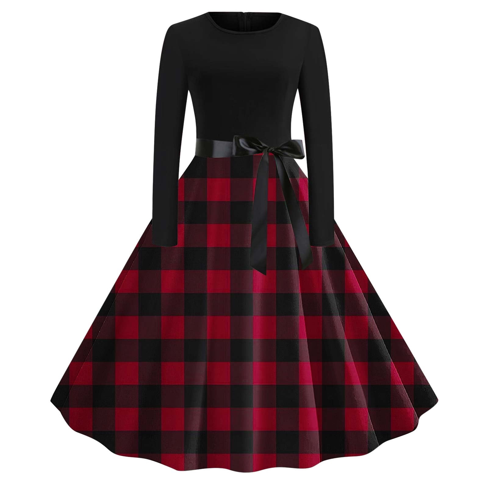 SDNall Plaid Dresses for Women Zipper Long Sleeve Party Evening Dress ...