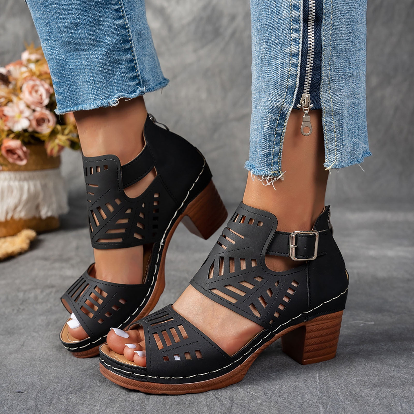 SDNall Platform Sandals for Women with Strappy Cutouts and Adjustable ...