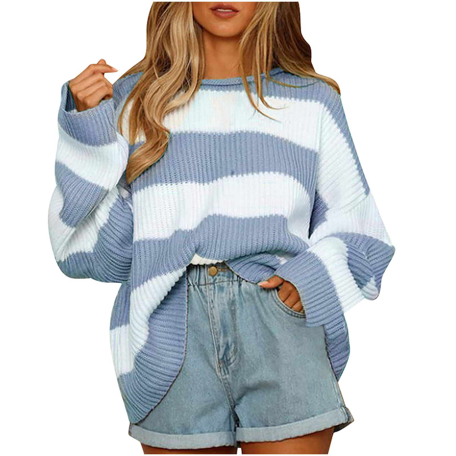 SDNall Striped Knitted Sweaters for Women Trendy Winter Round Neck Long ...