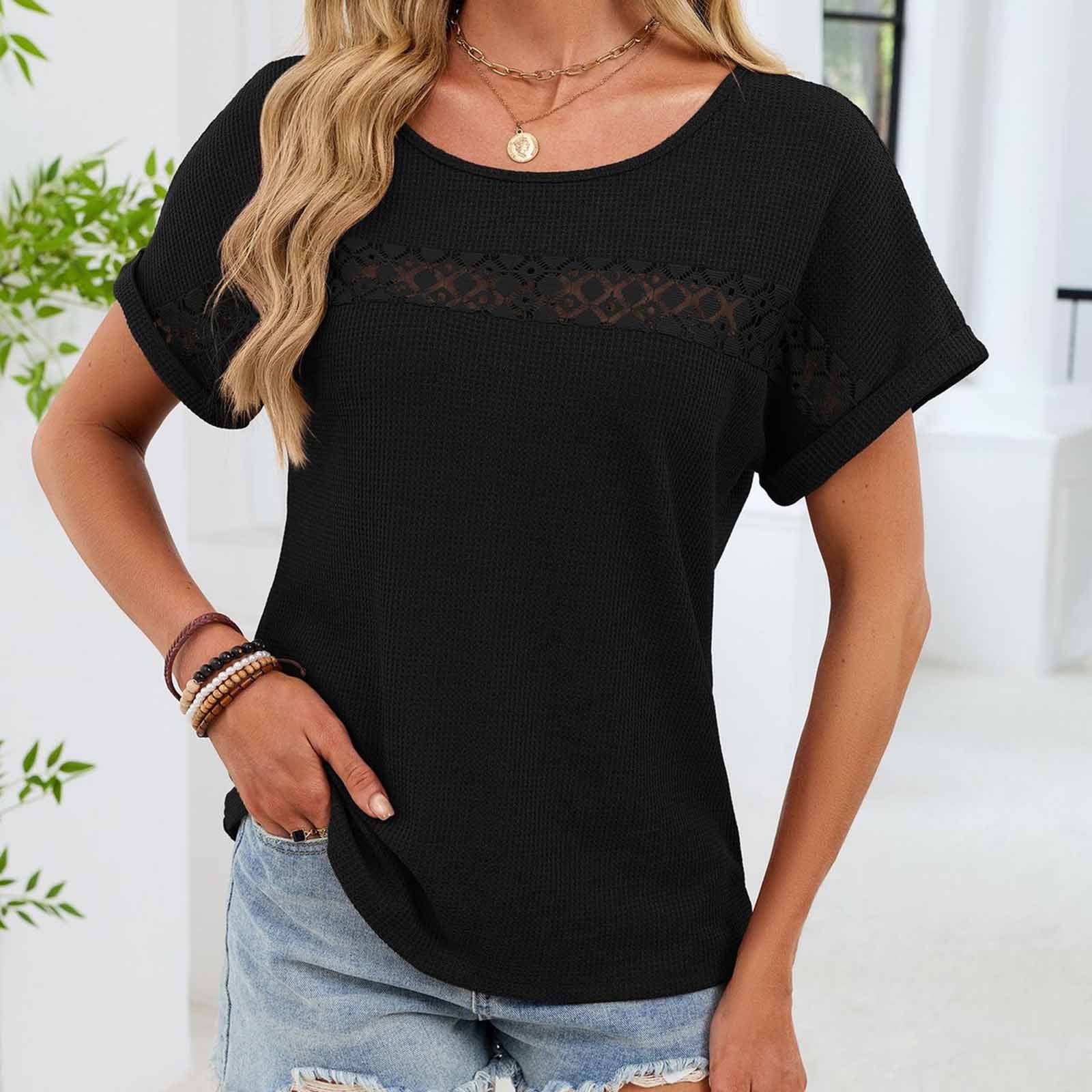 SDNall Women's Lace Trim T-Shirt, Short Sleeve Casual Blouse, Round ...