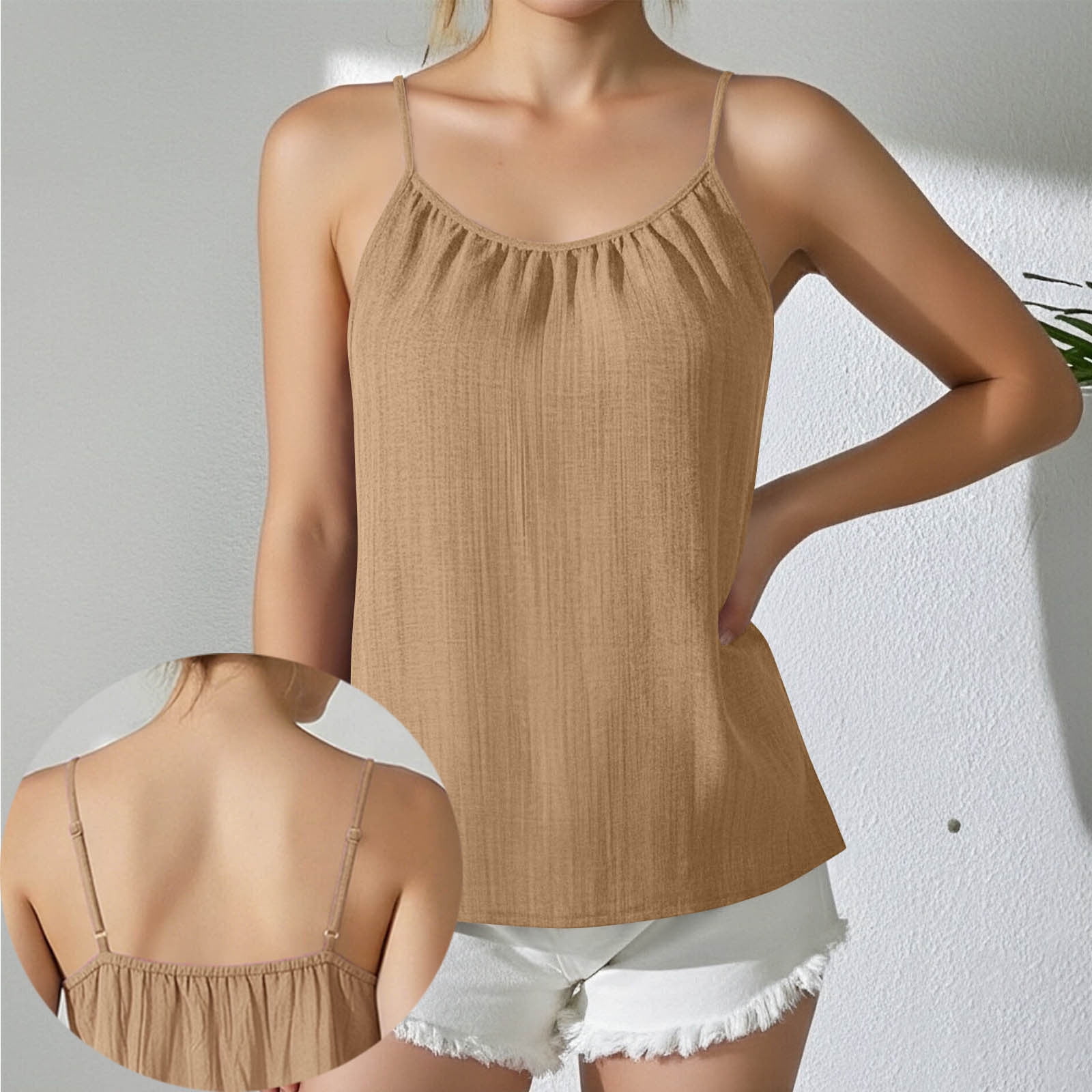 SDNall Women‘s Linen-Look Tank Top with Adjustable Straps & Pleated ...