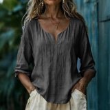 SDNall Women's Long Sleeve V-Neck Shirt, Casual Linen-Like Wrinkle ...